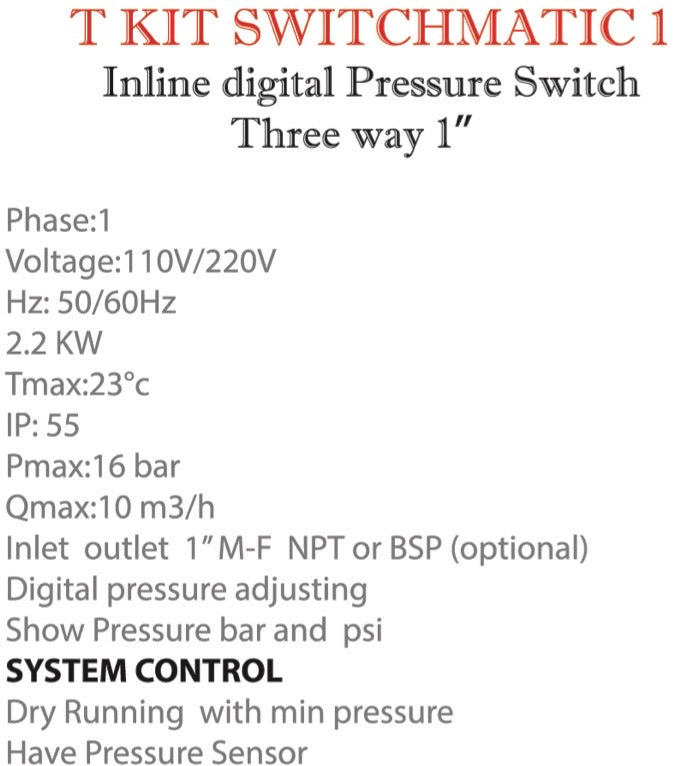 Gol T-KIT SWITCHMATIC - Inline digital Pressure Switch Three way 1" NP – plumbEstore